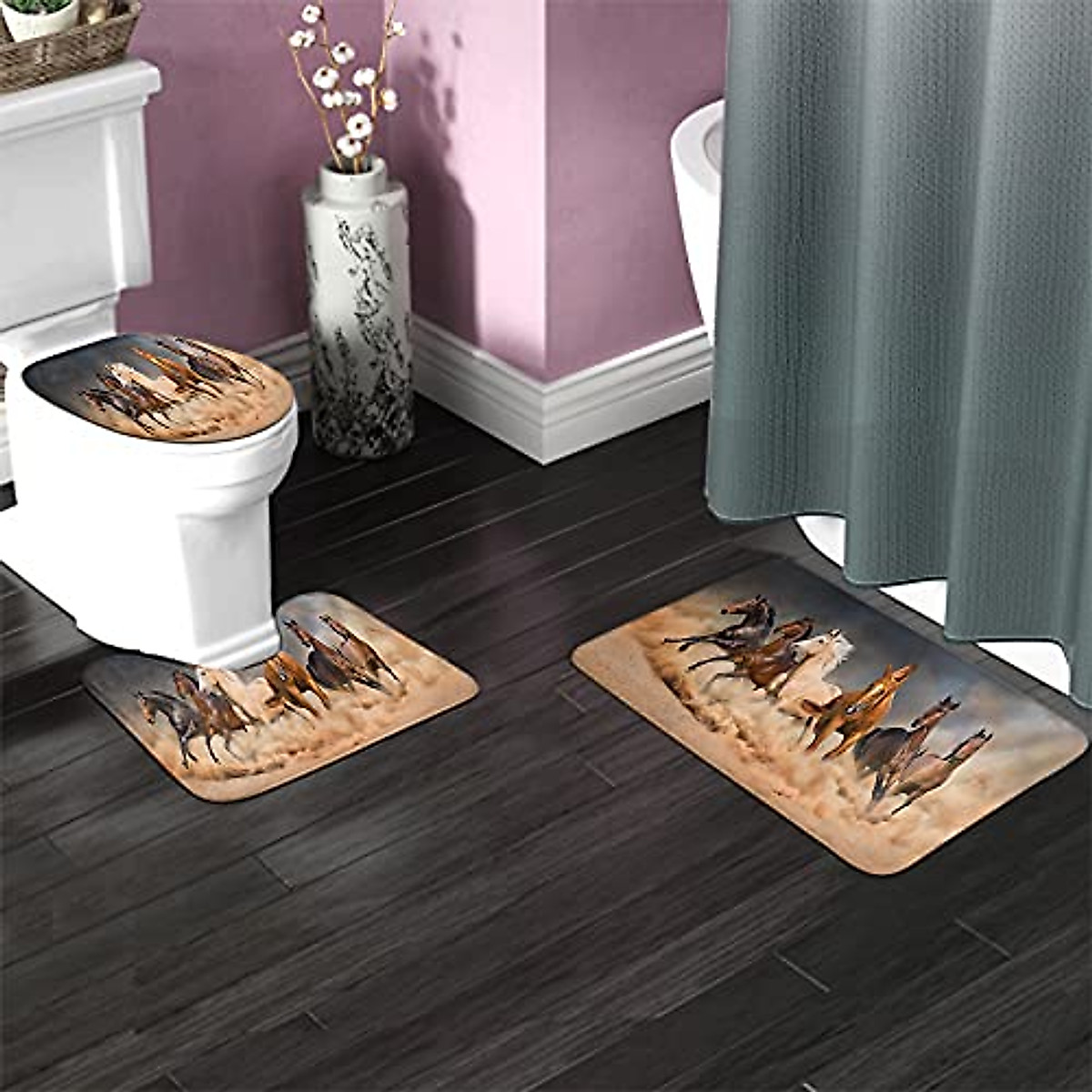 Wondertify Horse Herd Bathroom Antiskid Pad Desert Sand Storm Dramatic Sky 3 Pieces Bathroom Rugs Set, Bath Mat+Contour+Toilet Lid Cover