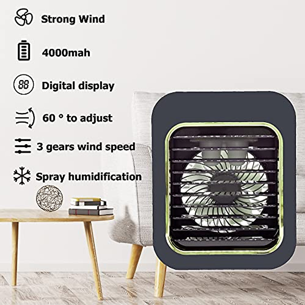 Portable Cooler Air Conditioner Fan - USB Rechargeable evaporative air cooler portable Easy To Use Water Cooling Fan With 3 Speeds,Personal air Conditioner for Bedroom,Office,Home,Outdoor (Gray)