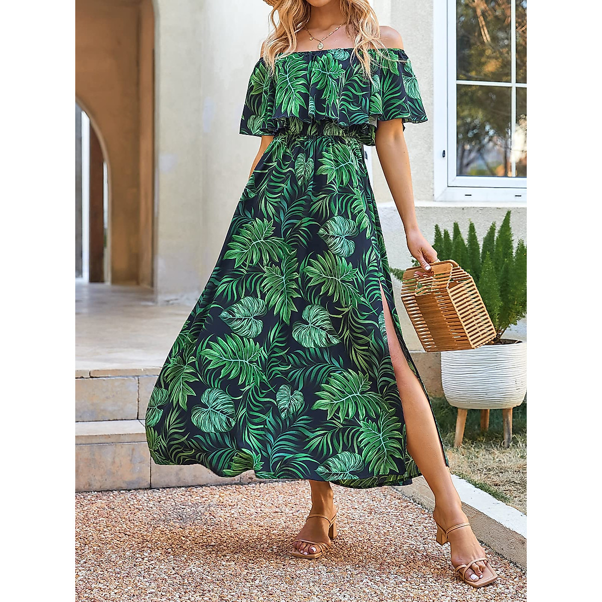 CUPSHE Dress for Women Summer A Shape Dresses Off Shoulder Sleeve Maxi Length Ruffle Fitted Waisted Tropical Printed, M Green