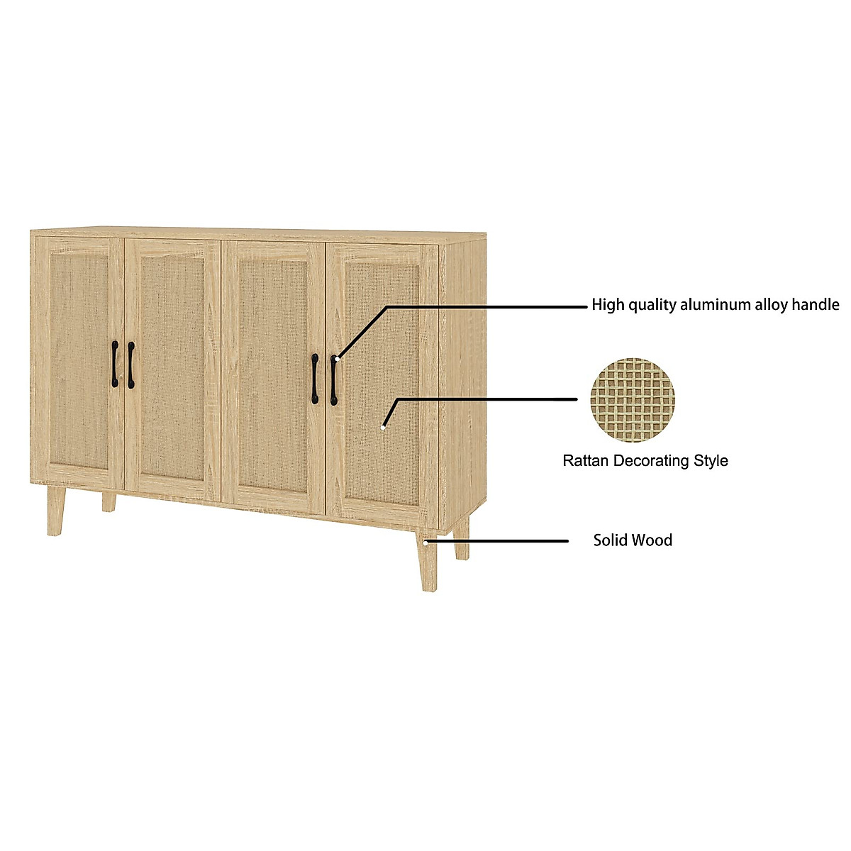 Panana Buffet Storage Cabinet with Rattan Decorating 4 Doors Living Room Kitchen Sideboard 48.43 x 34.65 x 15 inch (Natural Wood)