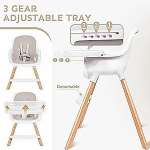 Convertible High Chair, 3 in 1 High Chairs for Babies and Toddlers, Baby High Chair with Adjustable Legs and Double Dishwasher Safe Tray, Made of Sleek Hardwood and Premium Leatherette