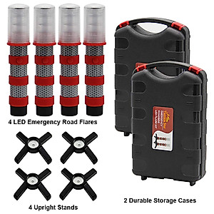Twinkle Star Emergency Roadside Flares Kit LED Safety Strobe Road Warning Light Highway Beacon Alert Flare with Magnetic Base, Detachable Stand, Solid Storage Case (Set of 4)