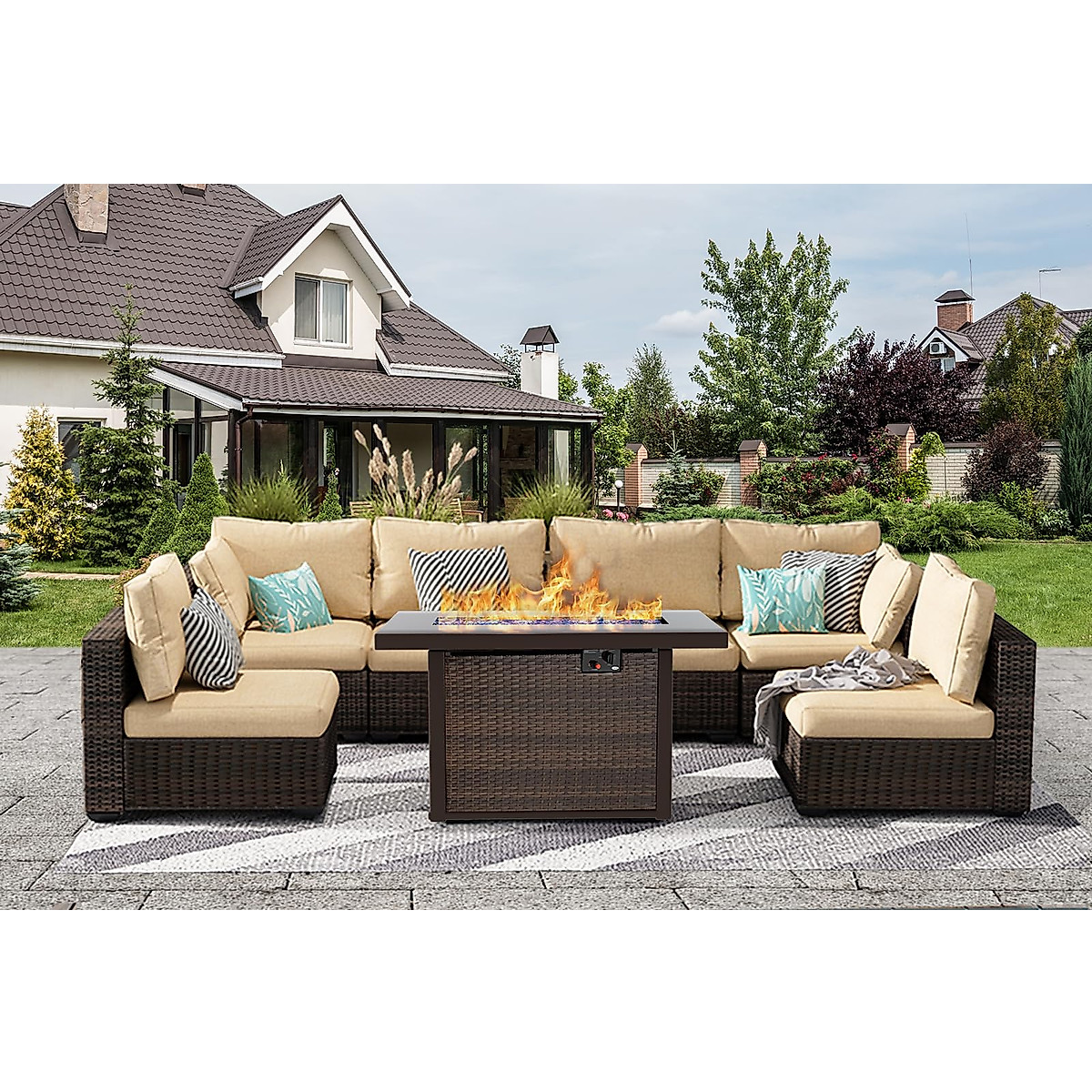 Grezone Patio Furniture Sets 7 Pieces with Fire Pit Table Patio Sectional Outdoor Furniture Patio Sofa Chairs Set PE Rattan Wicker Couch Conversation Set with No-Slip Cushions Waterproof Covers Beige