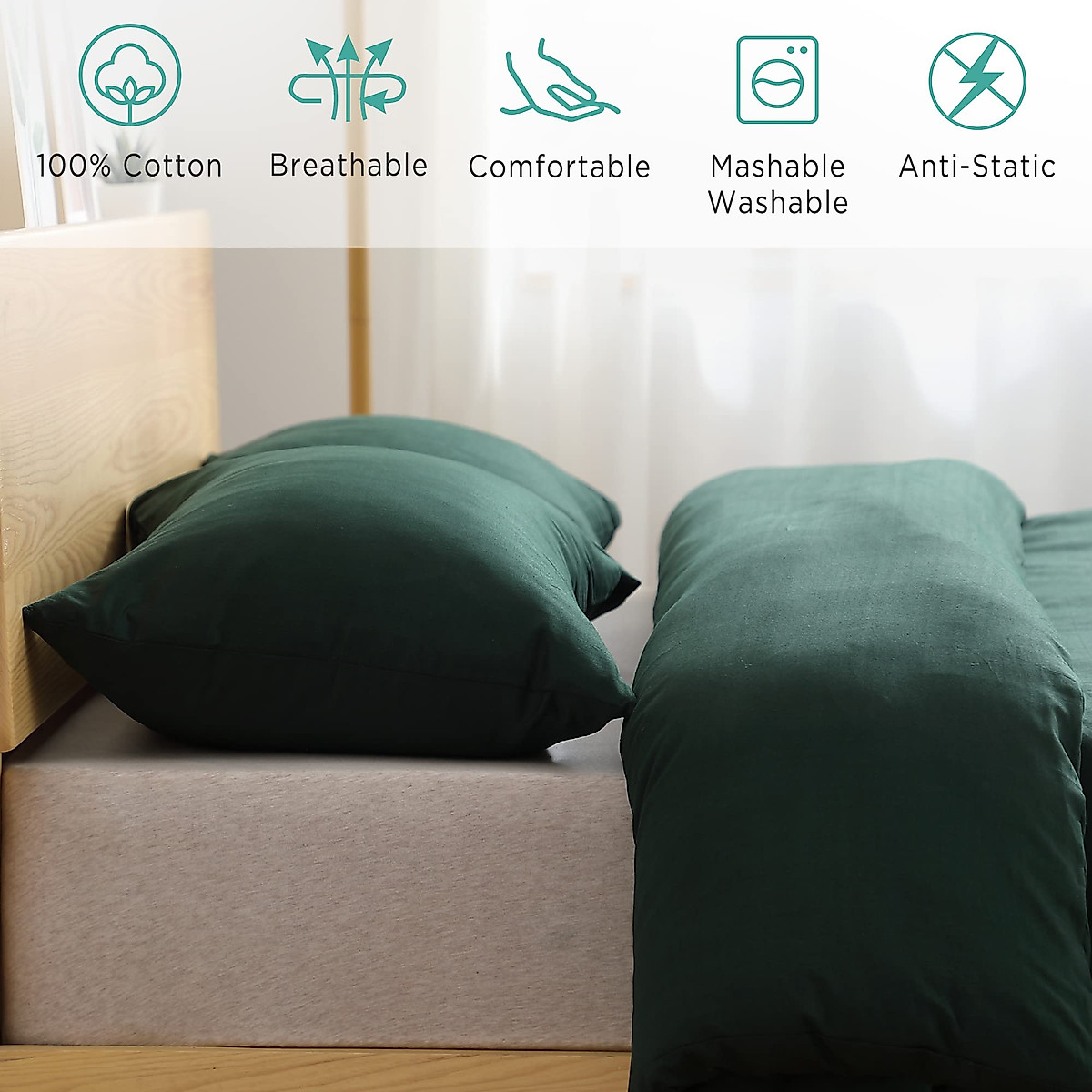 ATsense Duvet Cover Queen Size, 100% Cotton Linen Feel Super Soft Comfortable, 3-Piece Dark Green Duvet Cover Bedding Set, Durable and Easy Care, Simple Style Farmhouse Comforter Cover