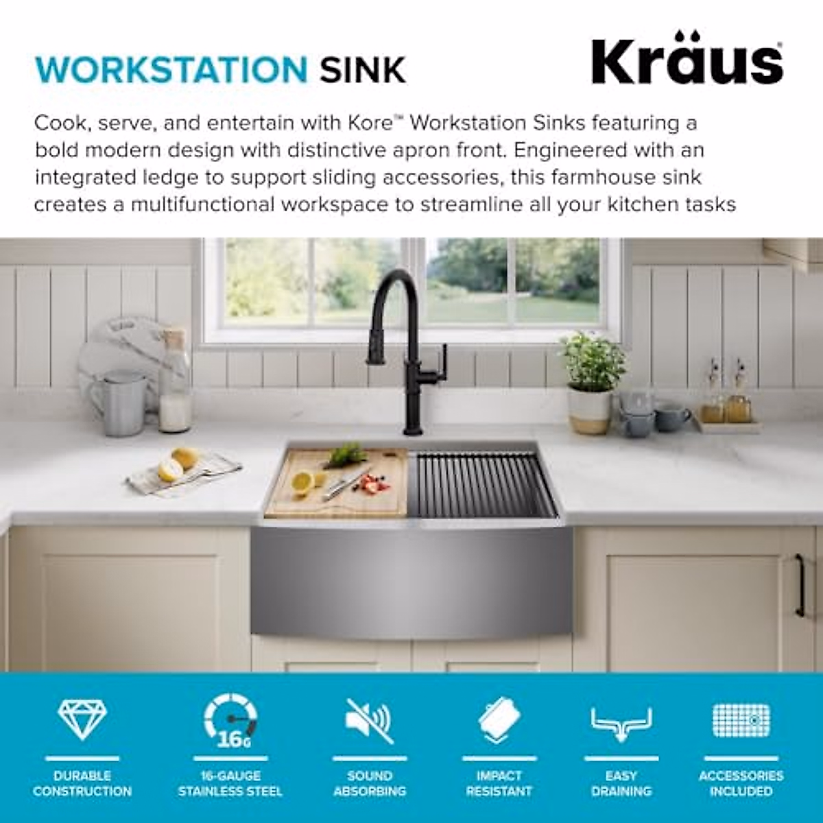 KRAUS Kore 27-Inch Farmhouse Workstation 16 Gauge Single Bowl Stainless Steel Kitchen Sink with Accessories, KWF210-27
