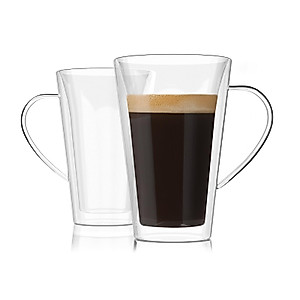 HORLIMER Double Walled Glass Coffee Mugs, 13.5oz Insulated Clear Coffee Cups with Handle Set of 2, Perfect for Espresso, Cappuccino, Latte, Tea, Hot Beverages