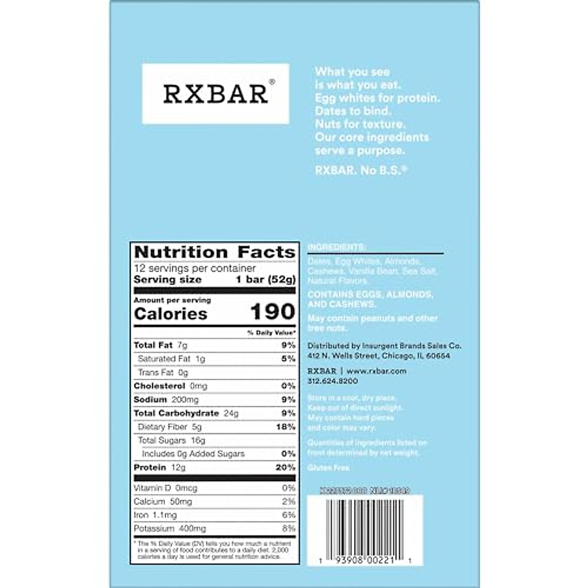 RXBAR Protein Bars, Protein Snack, Snack Bars, Vanilla Almond, 22oz Box (12 Bars)