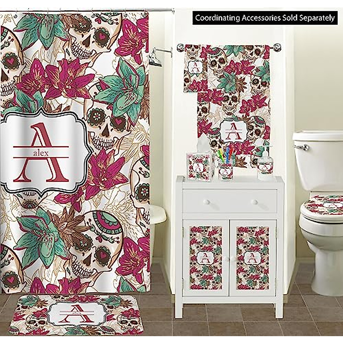 RNK Shops Sugar Skulls & Flowers Waste Basket - Single Sided (Black) (Personalized)