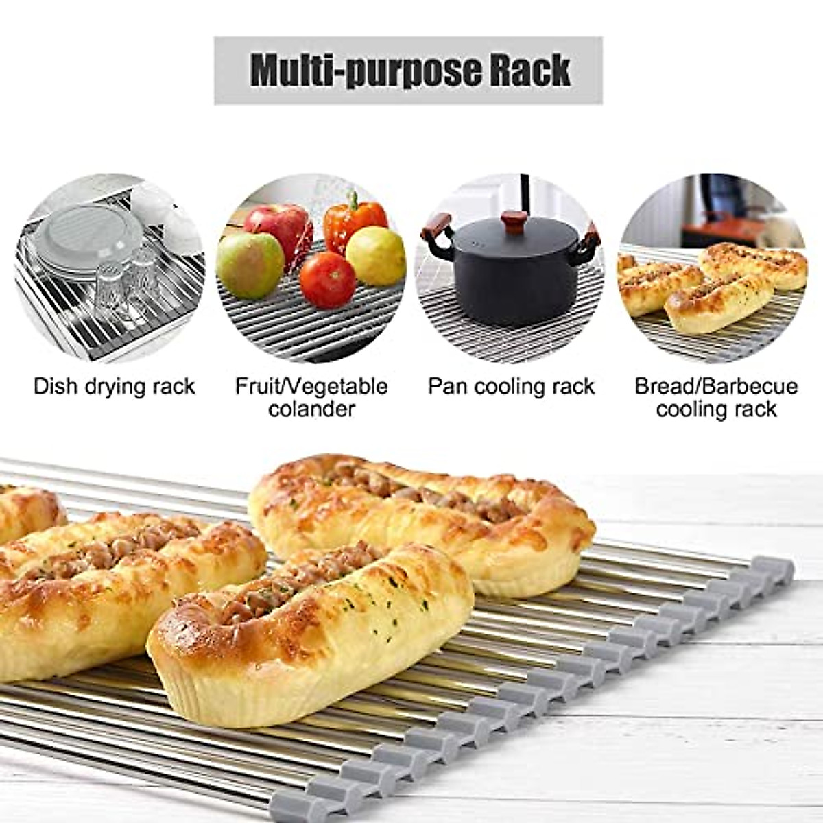 Roll Up Dish Drying Rack, 17" x 15.7 Multipurpose Foldable Sink Drying Rack, Heat-Resistant Anti-Slip Stainless Steel & Silicone Wrapped, for Over the Sink