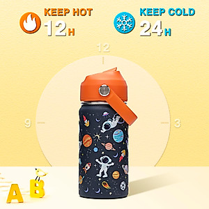 Scothen Kids Insulated Water Bottle with Straw Lid, 14oz Double Wall Vacuum 18/8 Stainless Steel Kids Tumbler, BPA-FREE Leak Proof Toddler Metal Water Bottle Kids Cups for School Travel Boys Girls