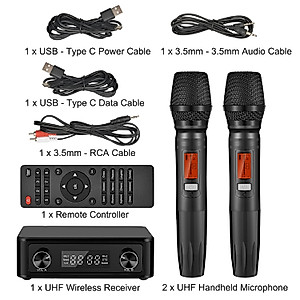 Wireless Microphone System, Dual Handheld UHF Cordless Dynamic Microphone Support Bluetooth Input, AUX in/Out, Portable Microphone Mixer System for Home Karaoke KTV Meeting Party Church Wedding DJ