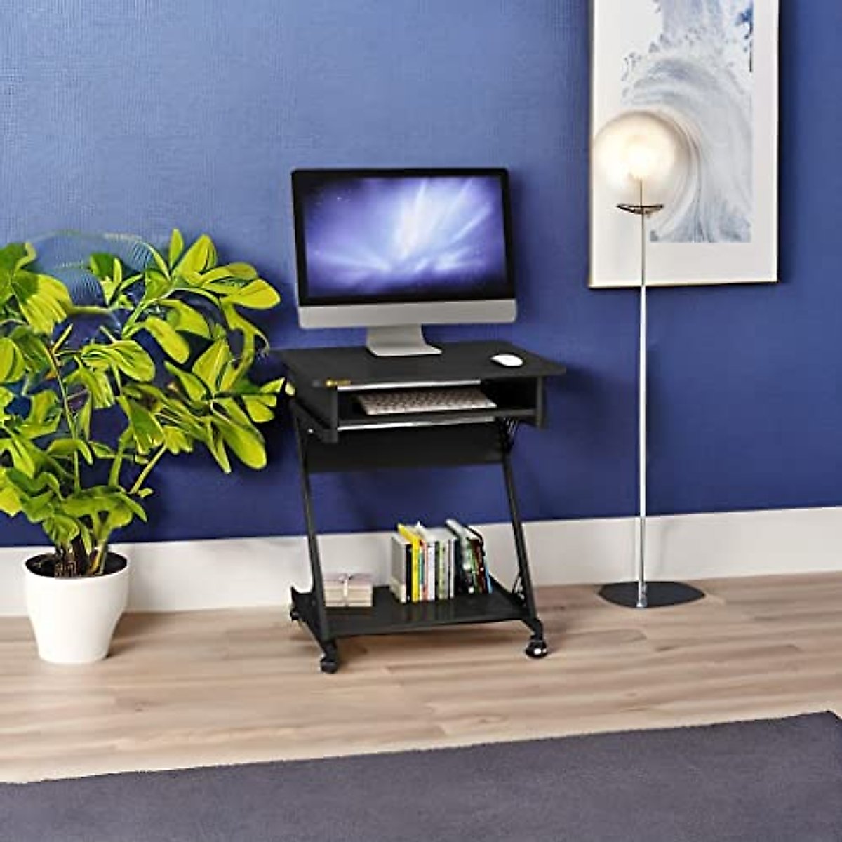 ALISENED Computer Desk for Small Spaces,23.6" Z-Shaped Compact Study Table with Smooth Keyboard Tray,with Wheels and Bottom Shelves for Home Office，Computer Cart Mobile Laptop Cart