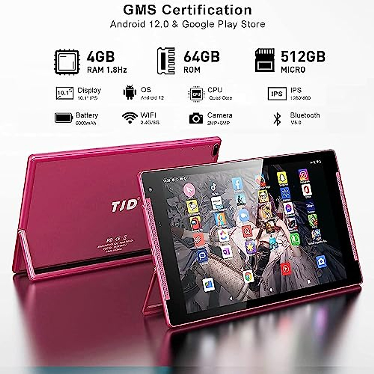 Android 12 Tablet 10 inch Tablets, 64GB ROM 512GB Expand Tablet pc, Quad Core Processor, HD IPS Screen, 8MP Dual Camera, Wi-Fi 6, G+G, Bluetooth5.0,6000mAh Battery Google GMS Stand Tablet (WineRed)