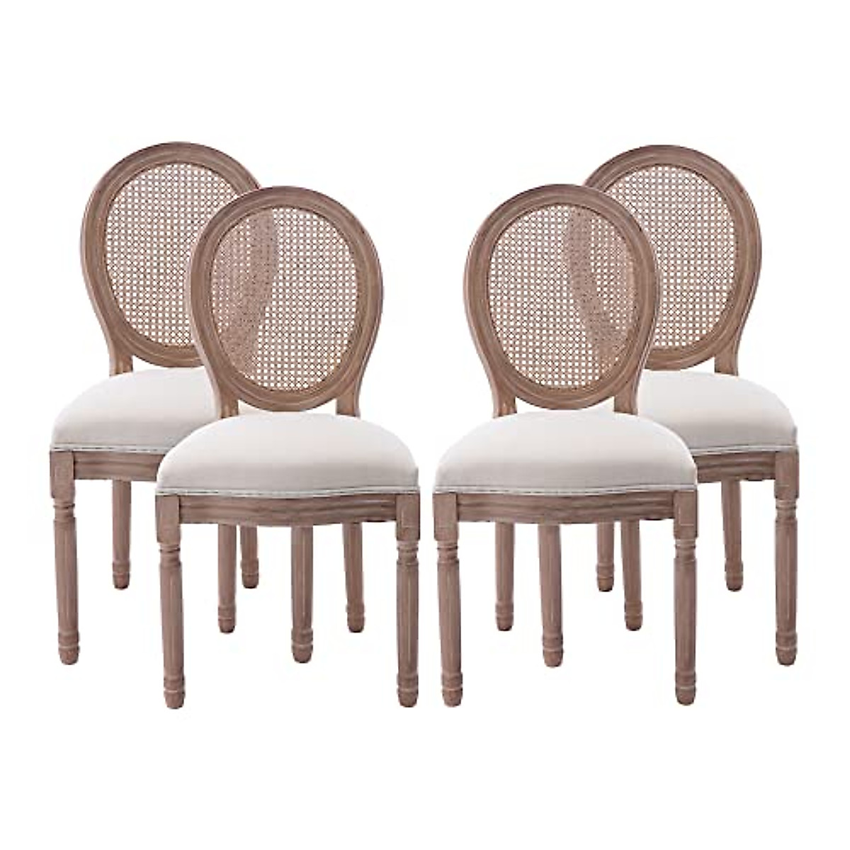 Nrizc Farmhouse Fabric Dining Room Chairs Set of 4, French Chairs with Round Back, Rattan Dining Chair, Oval Side Chairs for Dining Room/Living Room/Kitchen/Restaurant