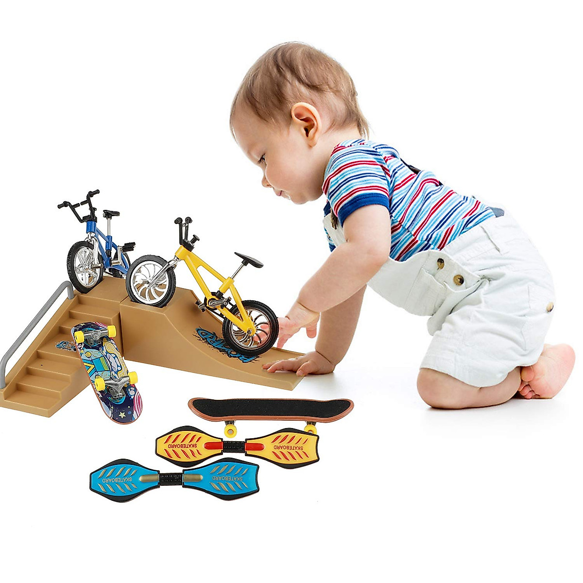 ideallife Skate Park Kit, Mini Finger Toys Set Finger Skateboards Finger Bikes Tiny Swing Board with Replacement Wheels and Tools (17 Pcs)