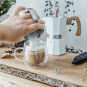 GROSCHE Milano Stove top espresso maker (9 espresso cup size 15.2 oz) White, and battery operated milk frother bundle for lattes