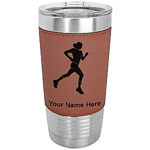 LaserGram 20oz Vacuum Insulated Tumbler Mug, Running Woman, Personalized Engraving Included (Faux Leather, Dark Brown)