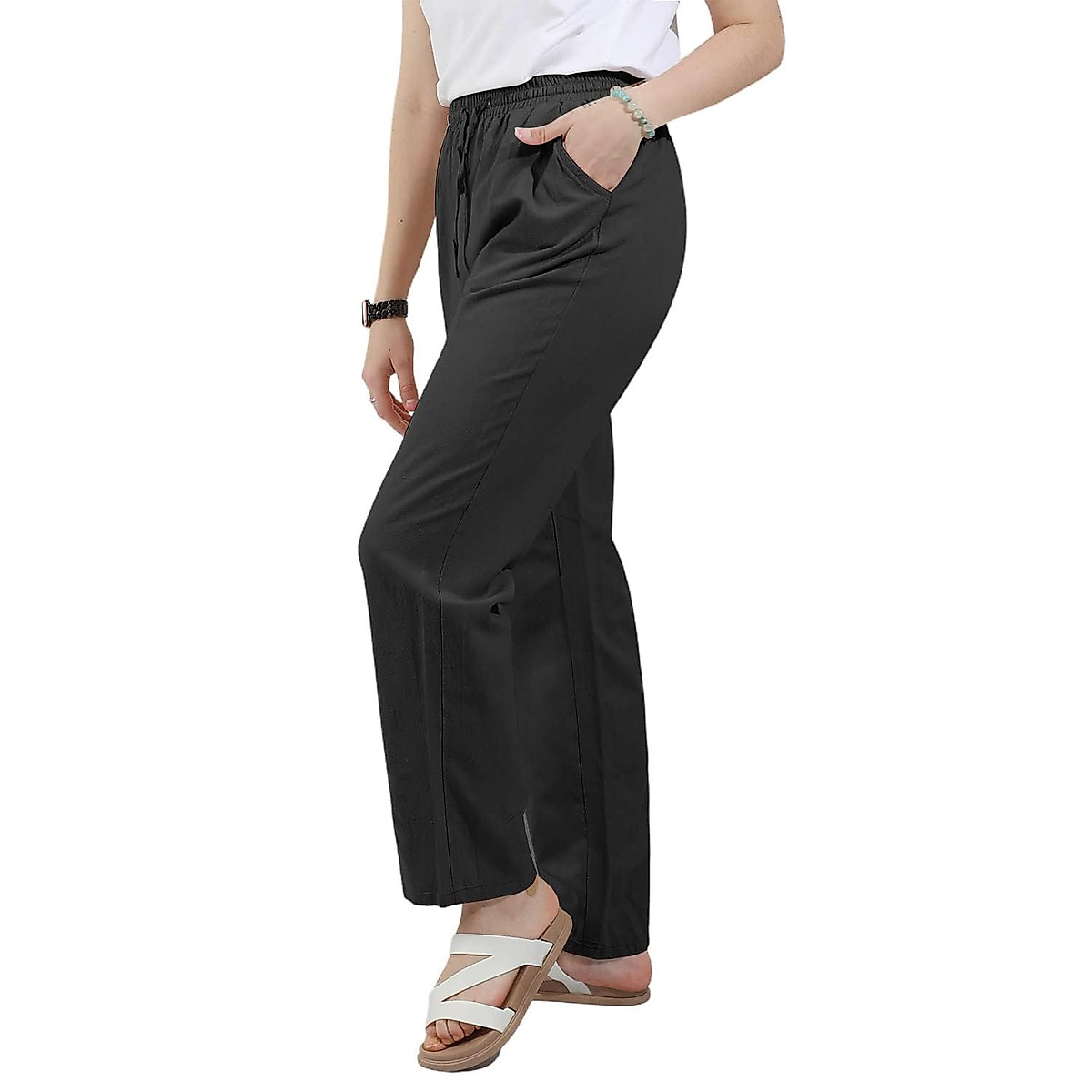 Costaric Women's Fashion Casual Elastic High Waisted Wide Leg Loose Work Long Palazzo Pants Trousers with Pockets XL Black
