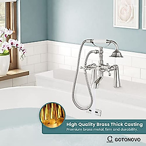 gotonovo Deck Mount Tub Bathtub Faucet Clawfoot with Handheld Shower 6 Inch Brushed Nickel Telephone Shaped Sprayer Showerheld Double Cross Handle