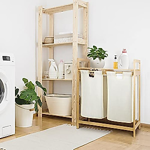 Bellzacasa Bamboo Laundry Hamper Shelf 2 Section Hamper Laundry Basket Bamboo Laundry Organizer with 2 Removable Beige Liner Bag For Bathroom Living Room Bedroom