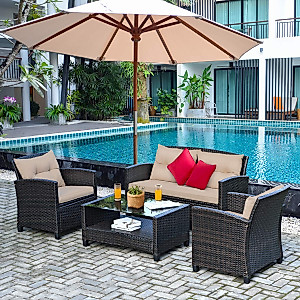 Tangkula 4-Piece Outdoor Rattan Furniture Set, PE Rattan Wicker Sectional Sofa with Loveseat Chair & Glass Table, Patio Cushioned Conversation Sets for Backyard Porch Garden Poolside (1, Brown)