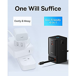 USB C Charger Baseus PowerCombo Tower 65W, 6-in1 Charging Station with Retractable USB-C Cable, 3 Outlets, USB A USB C Ports, Surge Protector Power Strip for MacBook, iPhone, Laptop, Multiple Devices