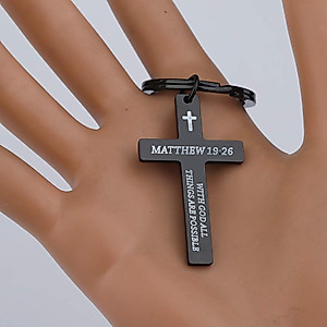 KUIYAI Matthew 19:26 with God All Things are Possible Cross Religious Keychain Christian Gift Bible Verse Inspirational Keyring (Black keychain)