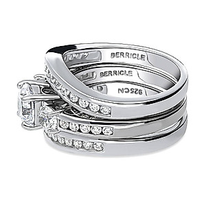 BERRICLE Sterling Silver 3-Stone Wedding Engagement Rings Round Cubic Zirconia CZ Ring Set for Women, Rhodium Plated Size 8