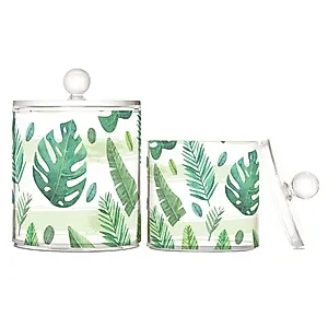 Tatenale Qtip Holder with Lid Apothecary Jars with Lids Cotton Swab Holder Dispenser for Storage Organizers Bathroom Accessories Set Cotton Ball Swab,Floss Picks 2 Pack Green Palm Leaves