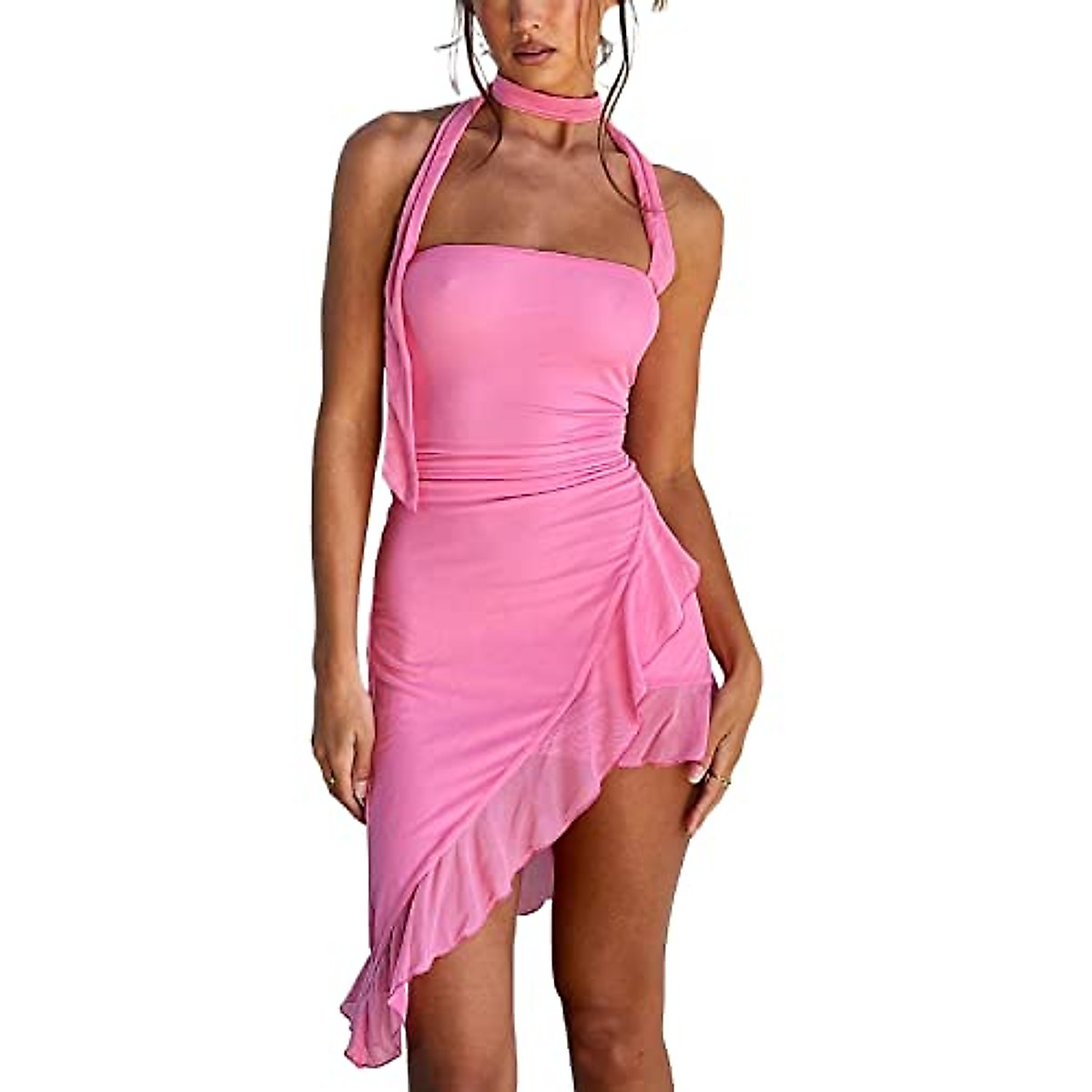 Argeousgor Women Y2k Short Halter Dress V Neck Irregular Ruffle Dress Sleeveless Fringed Mini Dress Sexy Open Back Dresses B-Pink