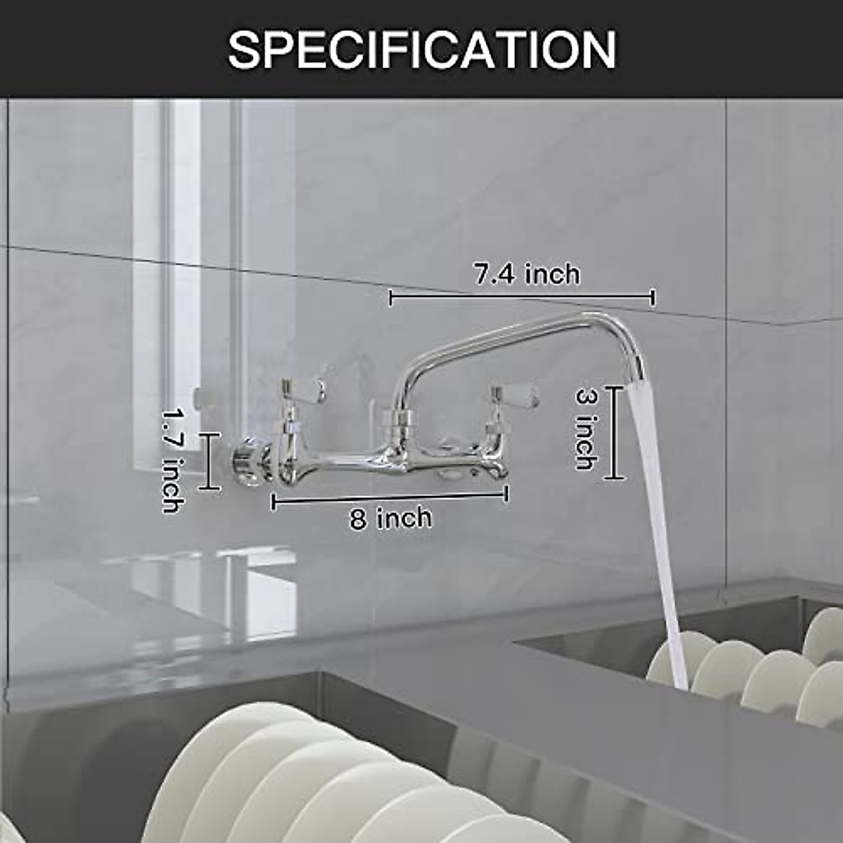 Kitchen Faucet Wall Mount Commercial Sink Faucet Kitchen Utility Laundry 8 Inch Swivel Spout 2 Dual Handle Restaurant Chrome Mixer Tap