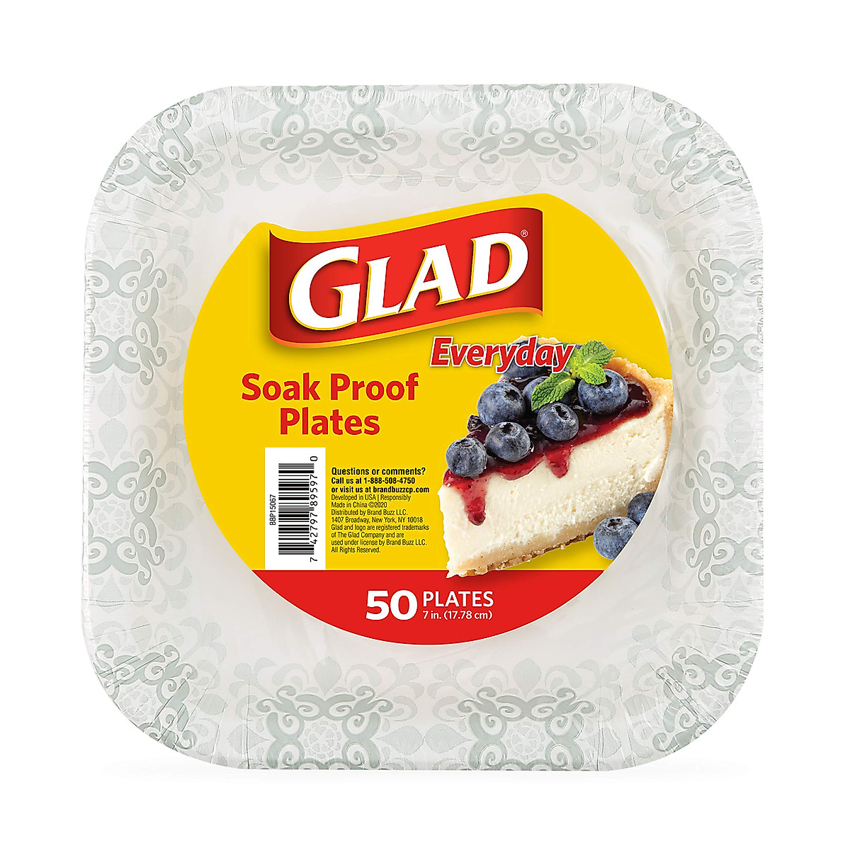Glad Square Disposable Paper Plates with Gray Victorian Print|Soak /Cut-Proof, Microwaveable Heavy Duty, Disposable , 7 Inches, 50 Count|Square Party plates Bulk