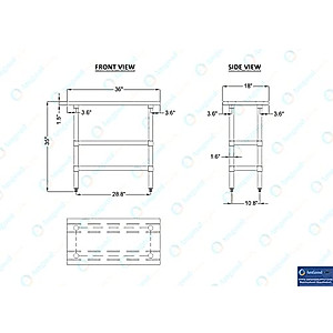 36" Long X 18" Deep Stainless Steel Work Table with 2 Shelves | Metal Food Prep Station | Commercial & Residential NSF Utility Table