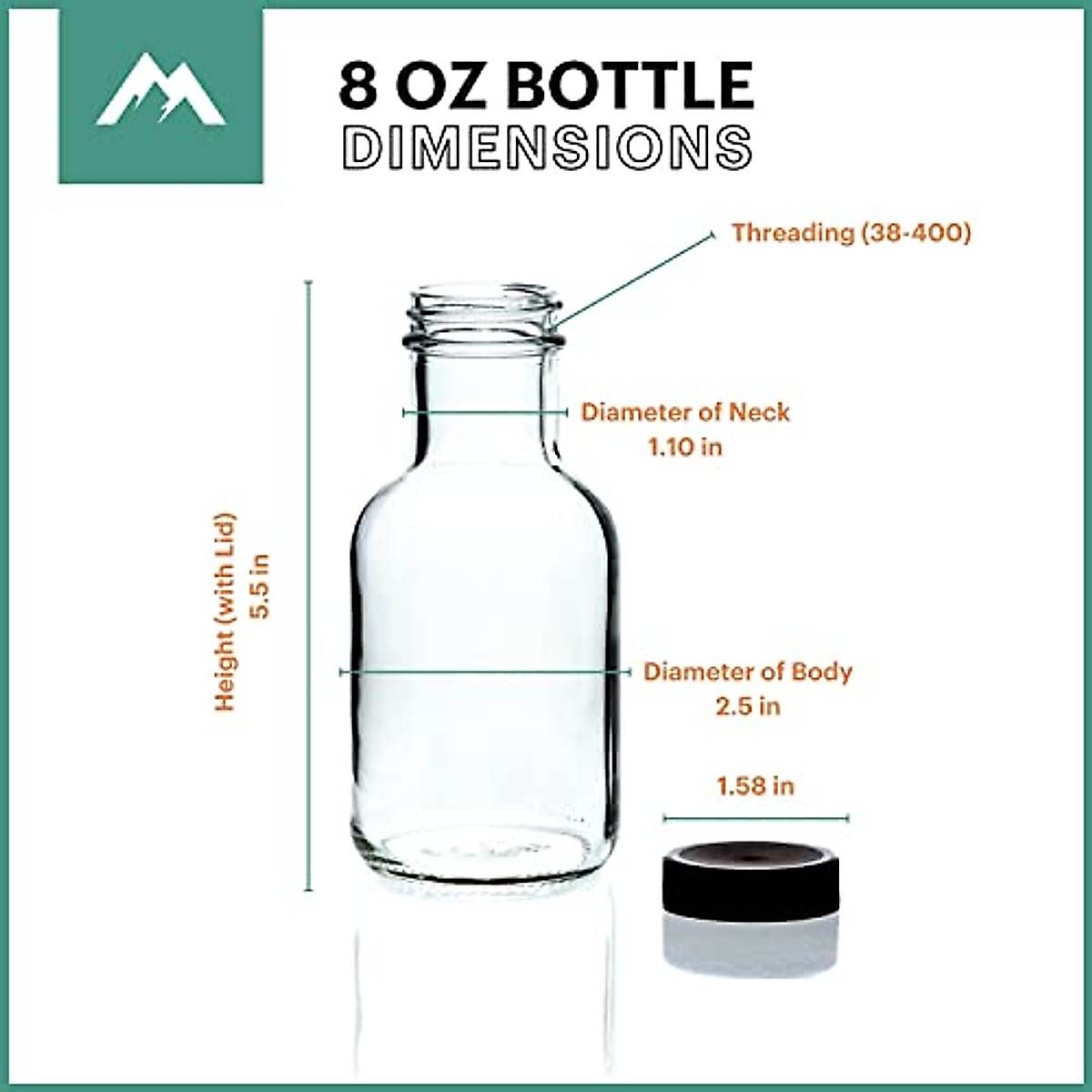 Set of 8oz Glass Bottles with Black Plastic Caps | Reusable Stout Flint Glass Bottles with Lids for Juicing, Kombucha, Liquids | Made in USA | 8 oz Glass Bottles (Total of 12)