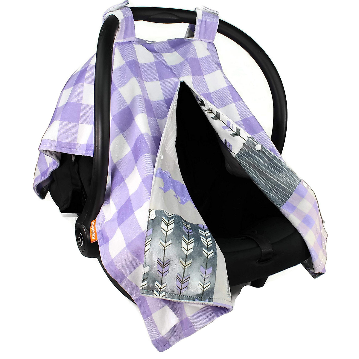 Dear Baby Gear Deluxe Reversible Car Seat Canopy, Custom Minky Print, Adventure Little Lady Faux Quilt Lavender and Lavender Lumberjack Plaid