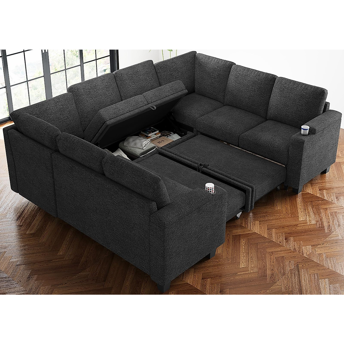 Belffin Sectional Sleeper Sofa Couch with Pullout Bed Modular Sectional Pull Out Couch with Storage. Dark Grey Couch