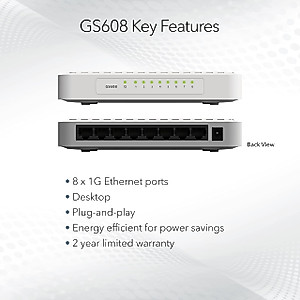 NETGEAR 8-Port Gigabit Ethernet Unmanaged Switch (GS608) - Desktop or Wall Mount, Home Network Hub, Ethernet Splitter, Silent Operation, Plug-and-Play
