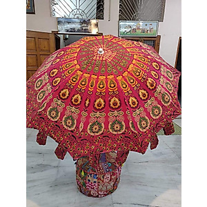 Indian Hippie Flower Embroidery Garden Umbrella Parasols, Beautiful Beach Sun Shade, Lawn Coffee Table Decorative Party Wedding Theme Decorative Parasol Large Garden Umbrella 72" (Red)