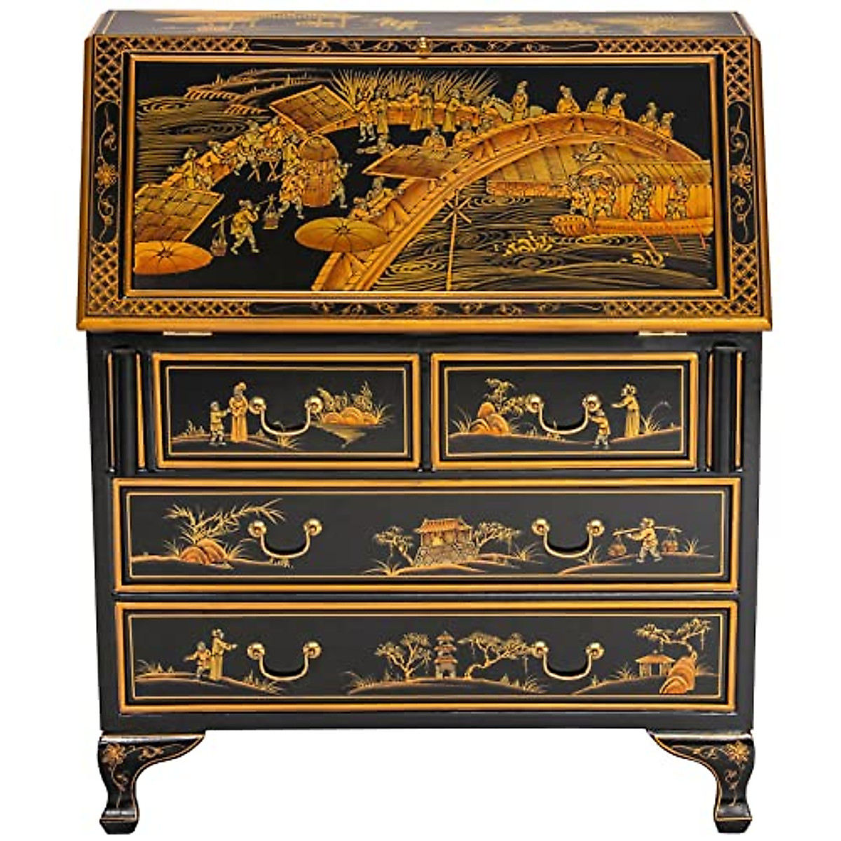Red Lantern Hand Crafted Artisanal Black Lacquer Secretary Desk - Ching Ming