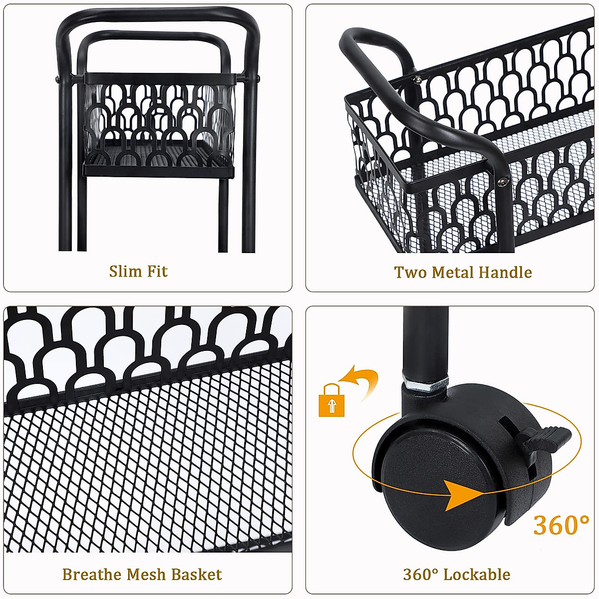 Tuenort Slim Storage Cart, 3 Tier Kitchen Rolling Cart on Wheels, Mobile Metal Pantry Cart Rack for Bathroom Laundry, Rolling Utility Cart for Narrow Places Black