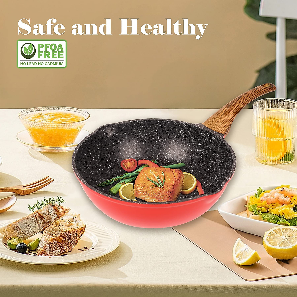 Minluful 11 Inch Nonstick Deep Frying Pan with Lid, Ceramic-Coated Skillet Wok Saute Pan with Wooden Handle