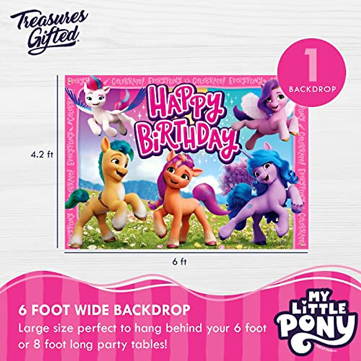 Treasures Gifted My Little Pony Birthday Party Supplies - My Little Pony Backdrop - 4.25ft Tall x 6ft Wide Happy Birthday Backdrop - Large My Little Pony Birthday Banner - My Little Pony Photo Prop