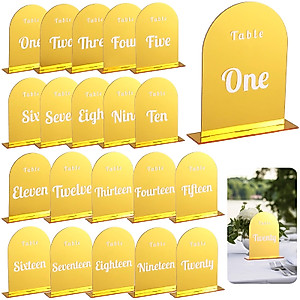 20 Pack Wedding Table Numbers with Stands 1-20, 4.7 X 5.6 Inch Gold Arched Mirrored Table Signs Number Display Stand for Wedding Reception Event Restaurant Decoration