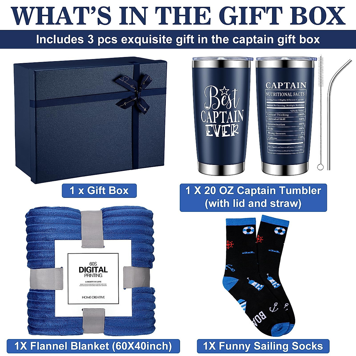 Yiyiring Boat Gifts for Men Nautical 40 x 60 Inch Navy Flannel Blanket 20oz Stainless Steel Tumbler and Boating Crew Socks Gift Box Set Captain Boater Gifts for Boat Owners Men Dad Accessories