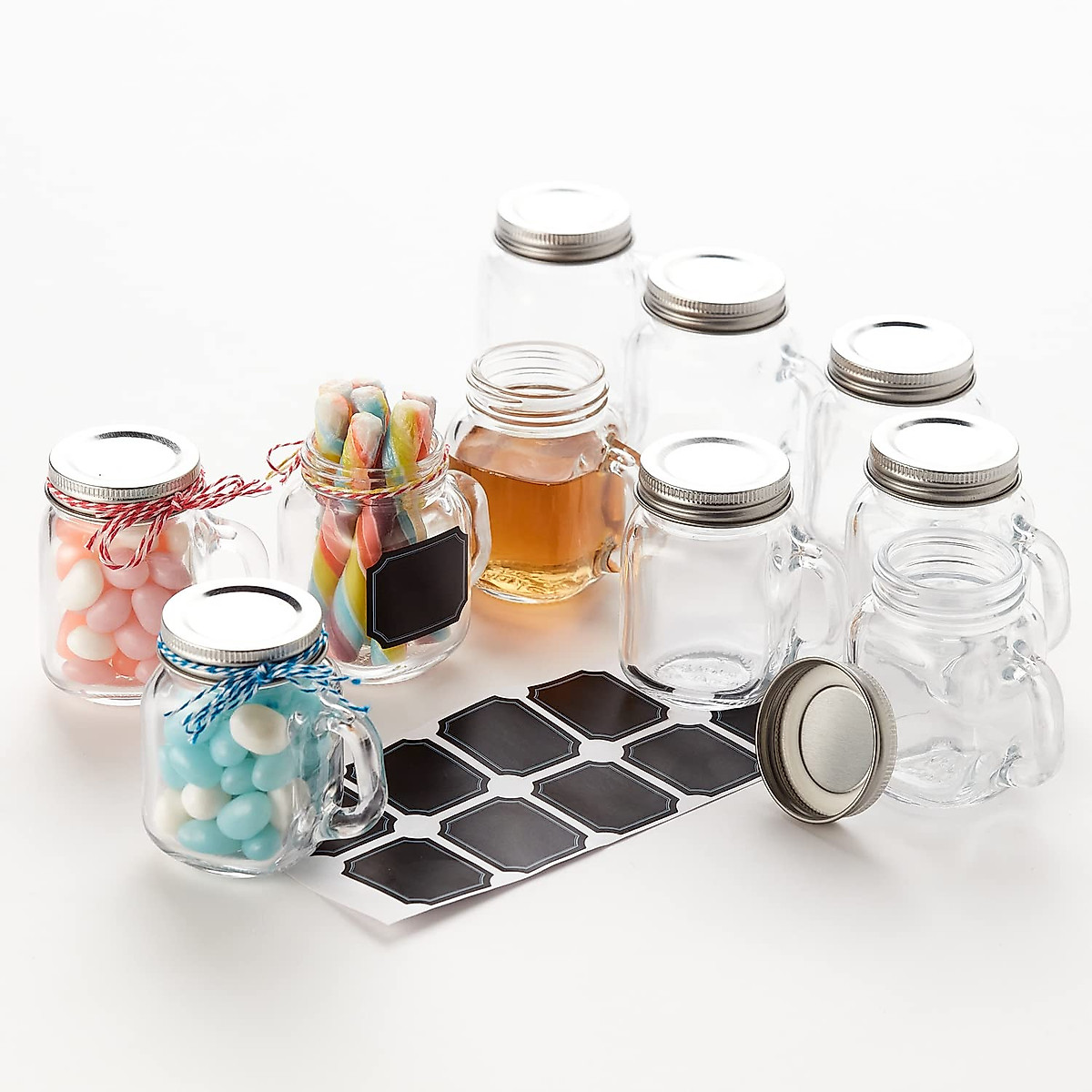 Hayley Cherie 2.5 oz Glass Mason Jars with Handles and Metal Lids, 10 pack, Air-tight, Small Favor Mugs with Chalkboard Labels for Drinks, Shots, Candy, Parties, Weddings, Gifts