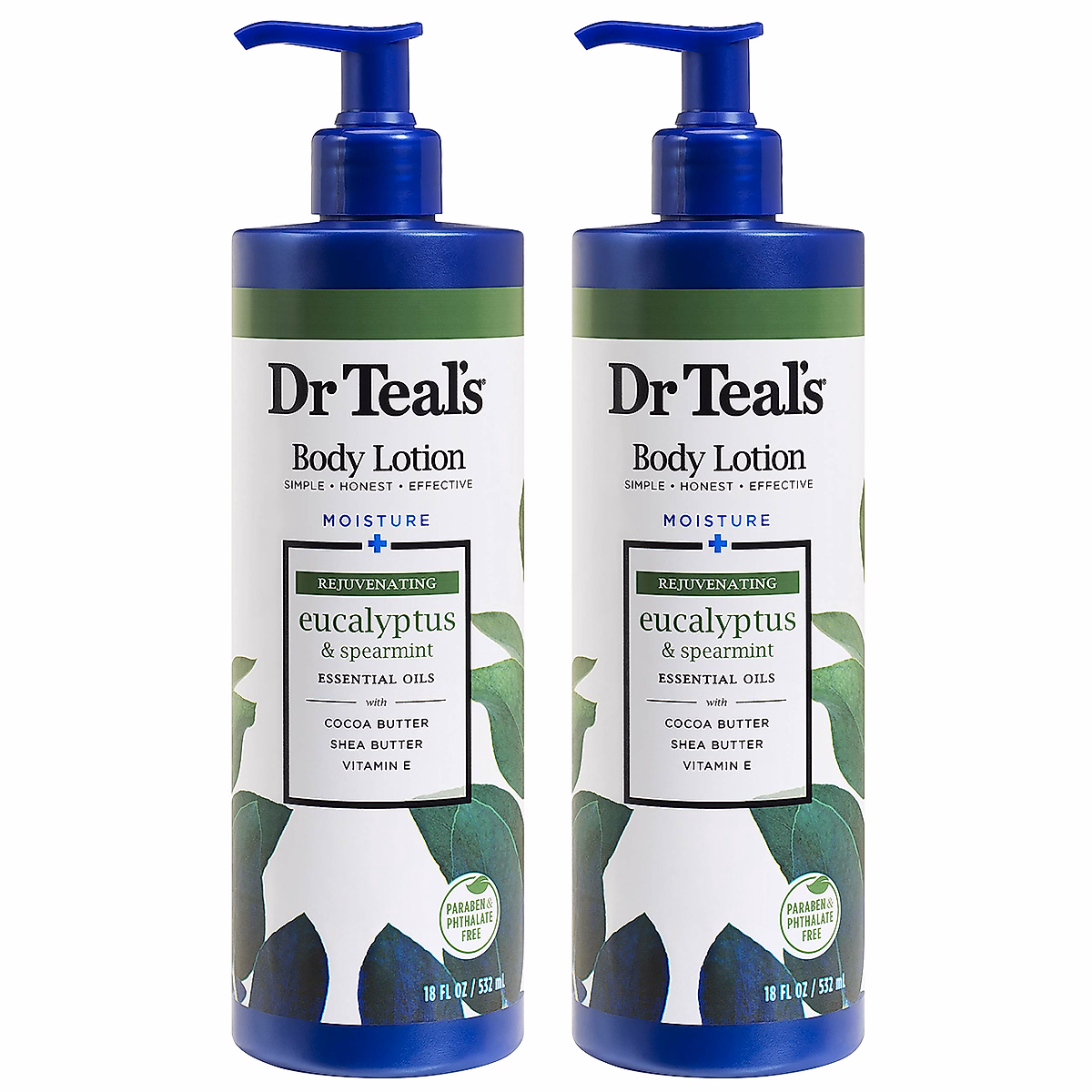 Dr Teal's Body Lotion - Moisture Plus - Rejuvenating Eucalyptus & Spearmint Essential Oils, 18 Fl Oz 2-Pack (36 Fl Oz)