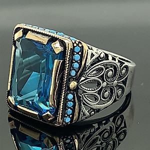 Men Aquamarine Stone Ring, Blue Stone Ring, Vintage Men Ring, Turkısh Ottoman Men Ring, 925k Sterling Silver Ring,