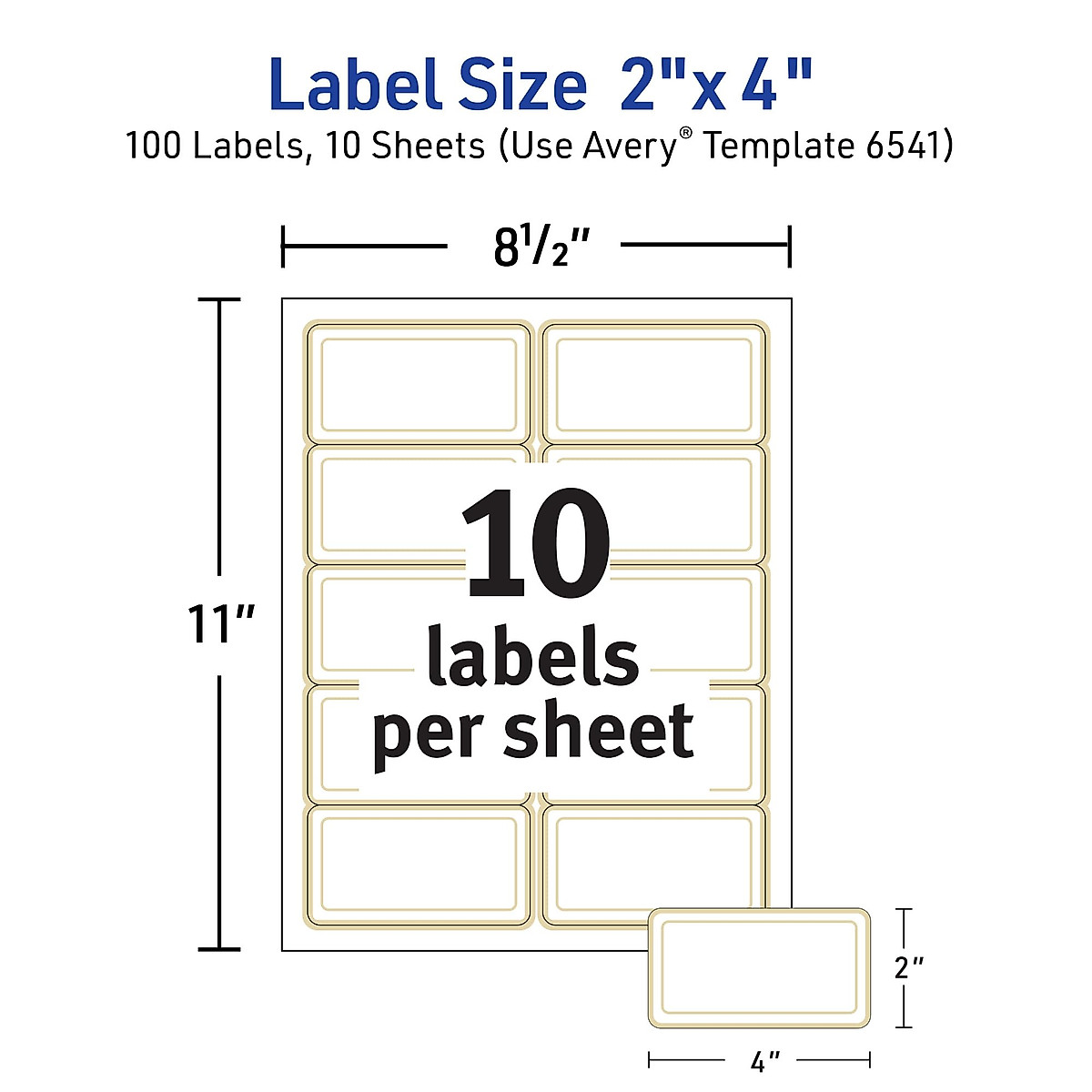 Avery Printable Shipping Labels, 2" x 4", Matte White with Gold Border, 100 Blank Mailing Labels (6541)