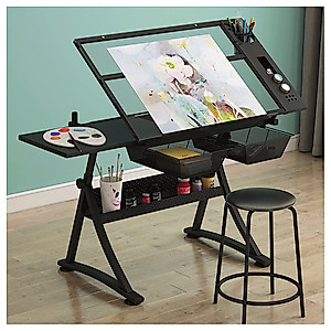 EESHHA Drawing Table Adjustable Glass Drafting Table,Versatile Art Study Table,with Storage Drawers,Art Studio Design Sketching Painting Work Station (Color : Glass) (Glass) (Glass)