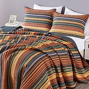 Chezmoi Collection Avery 3-Piece Multi-Color Striped 100% Washed Cotton Quilt Set King Size
